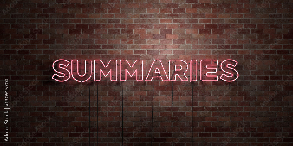 SUMMARIES - fluorescent Neon tube Sign on brickwork - Front view - 3D ...