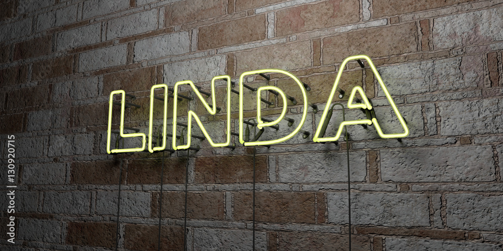 LINDA - Glowing Neon Sign on stonework wall - 3D rendered royalty free ...