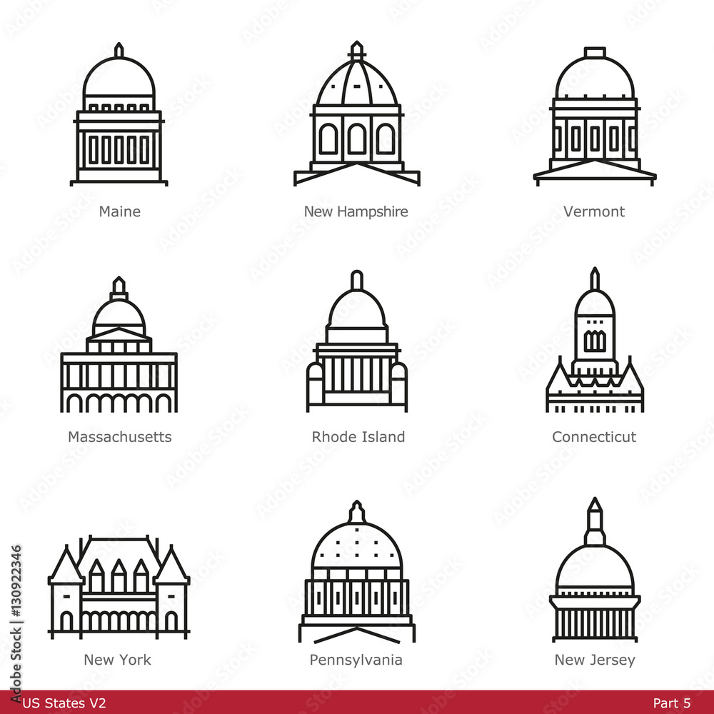 US State Capitols (Part 5) - Line Style Icons Stock Vector | Adobe Stock