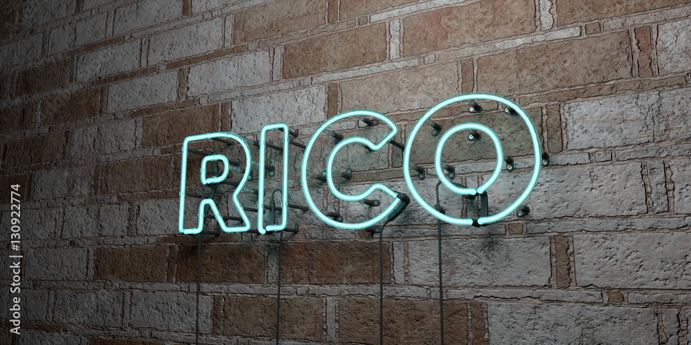 RICO - Glowing Neon Sign on stonework wall - 3D rendered royalty free ...
