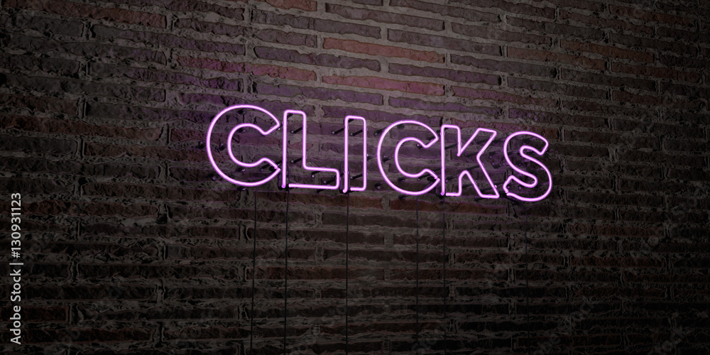 CLICKS -Realistic Neon Sign on Brick Wall background - 3D rendered ...