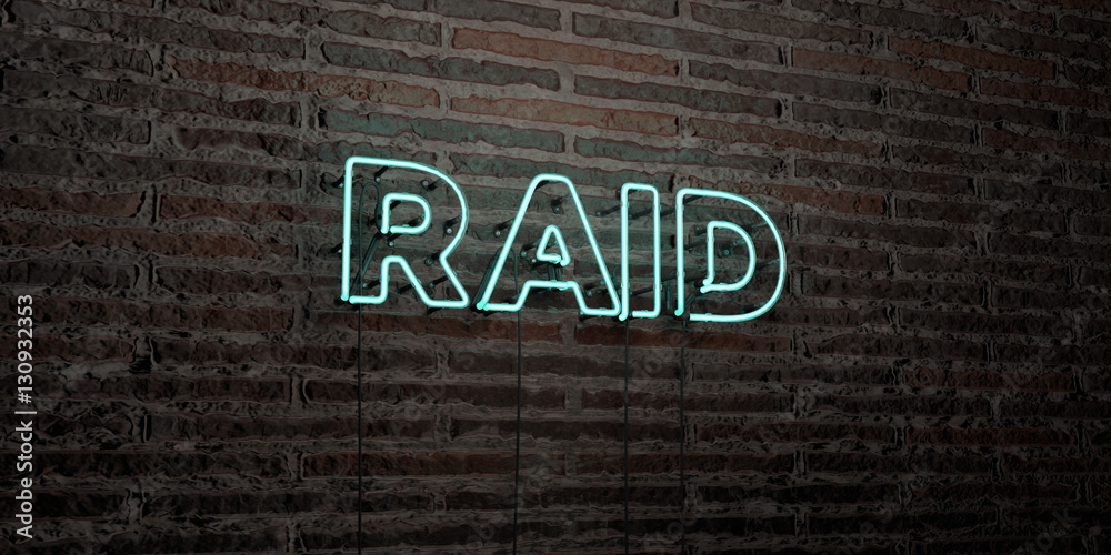 RAID -Realistic Neon Sign on Brick Wall background - 3D rendered ...