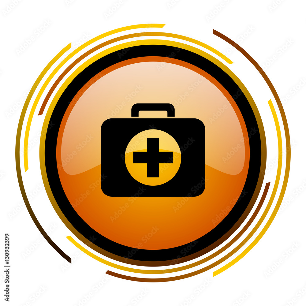 First aid kit sign vector icon. Modern design round orange button ...