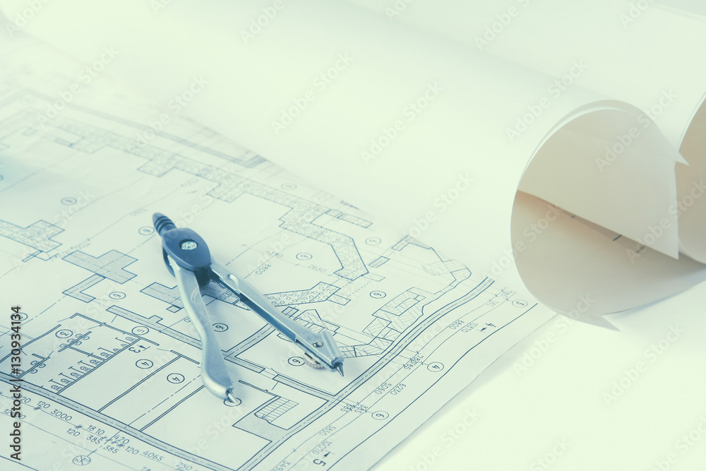 Architectural plans, compass and ruler on the desk Stock Photo | Adobe ...