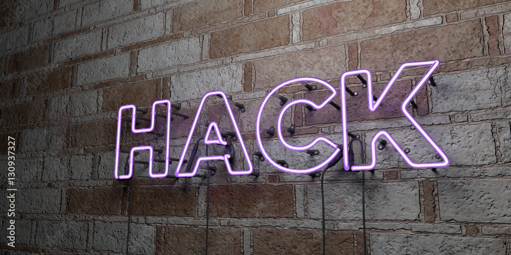 HACK - Glowing Neon Sign on stonework wall - 3D rendered royalty free ...