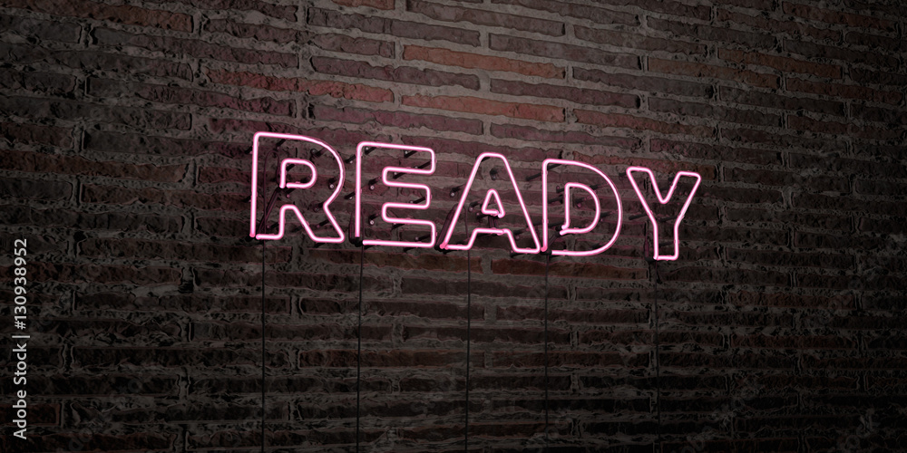 READY -Realistic Neon Sign on Brick Wall background - 3D rendered ...