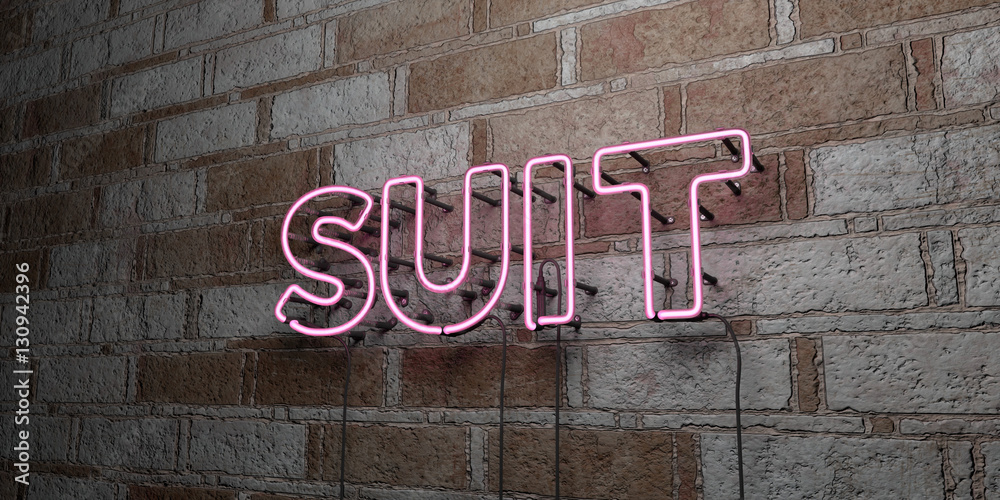 SUIT - Glowing Neon Sign on stonework wall - 3D rendered royalty free ...