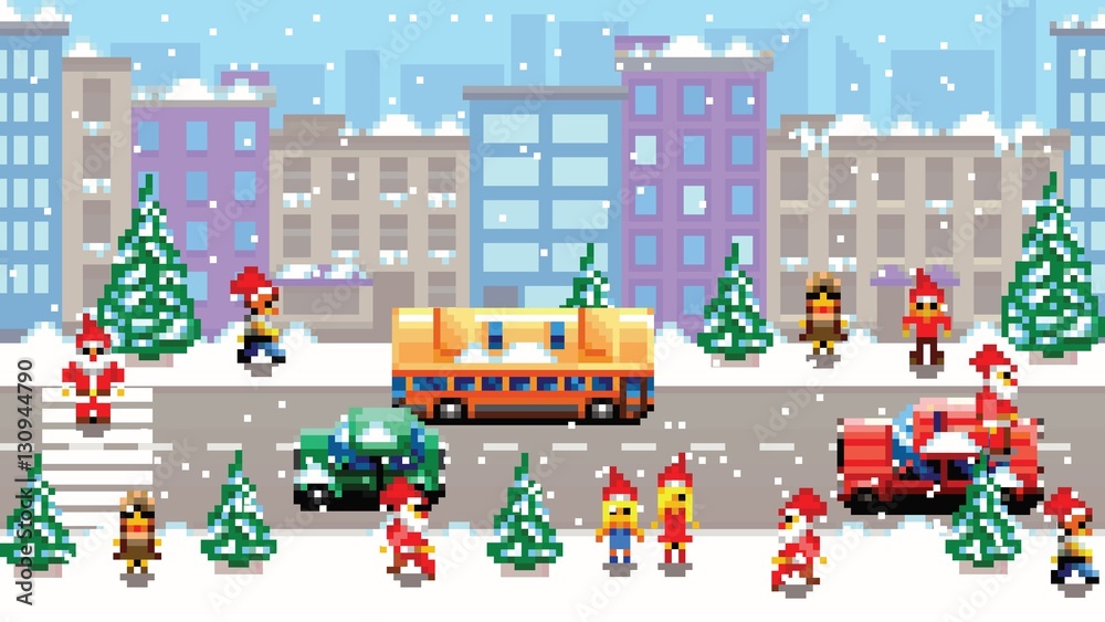 Pixel art xmas city scenery vector pattern background Stock Vector ...