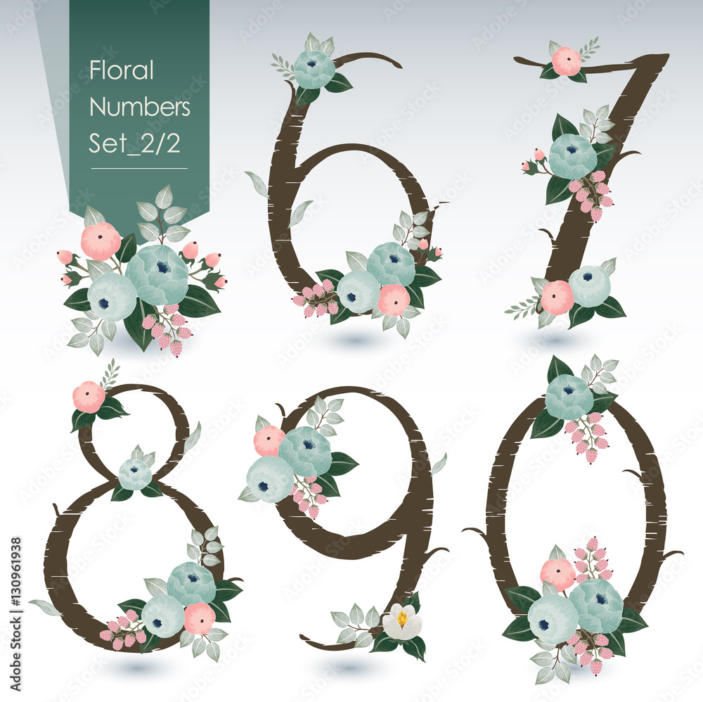 Vector illustration of floral numbers collection. A set of beautiful ...