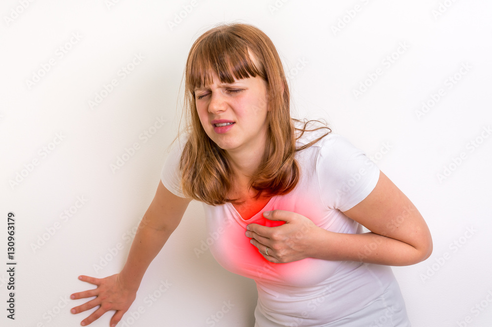 Woman having chest pain, heart attack isolated on white Stock Photo ...