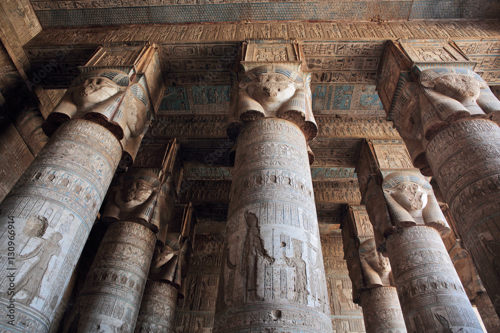 Pillars decorated with face of the Egyptian goddess Hathor in Dendera ...