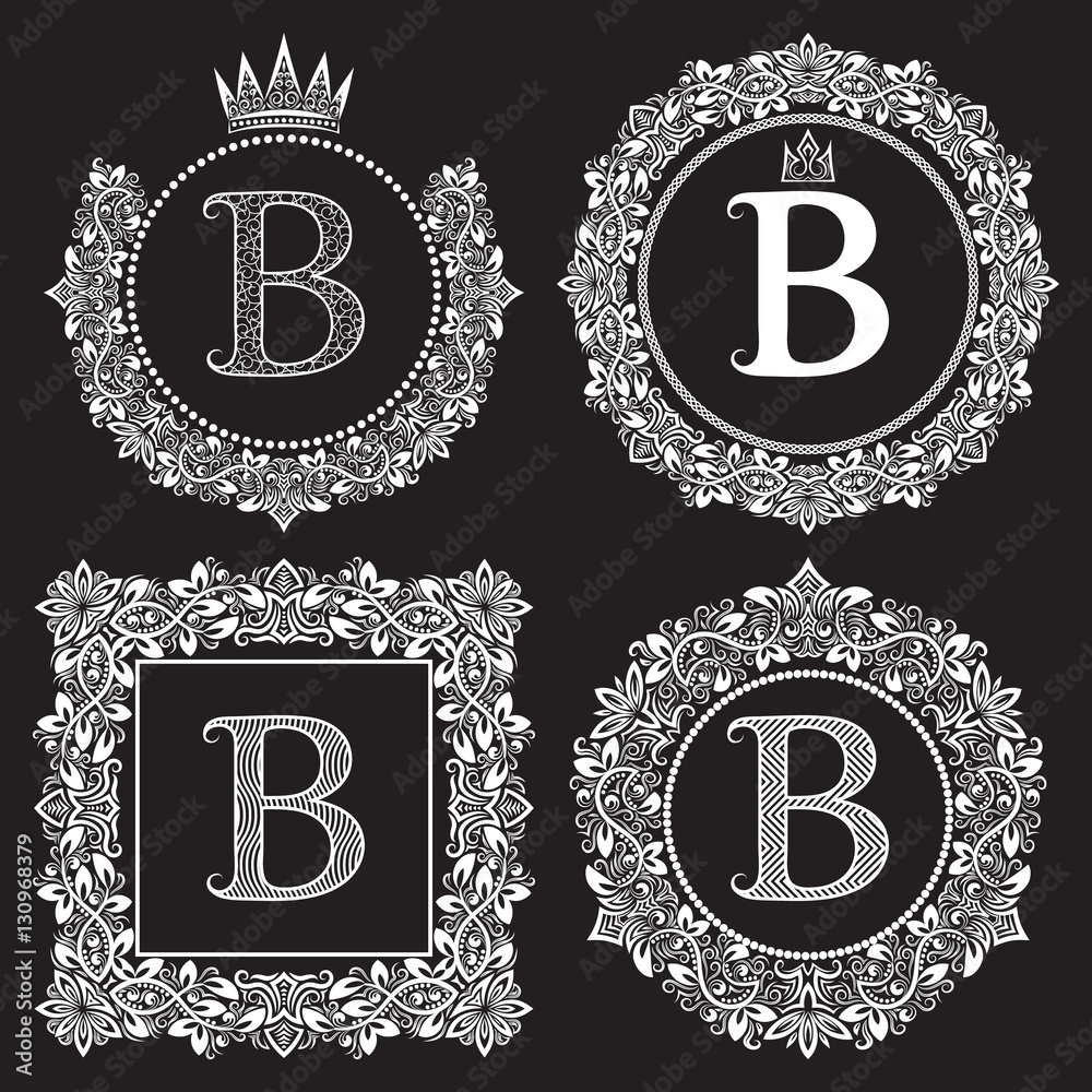 Vintage monograms set of B letter. Heraldic coats of arms in wreaths ...