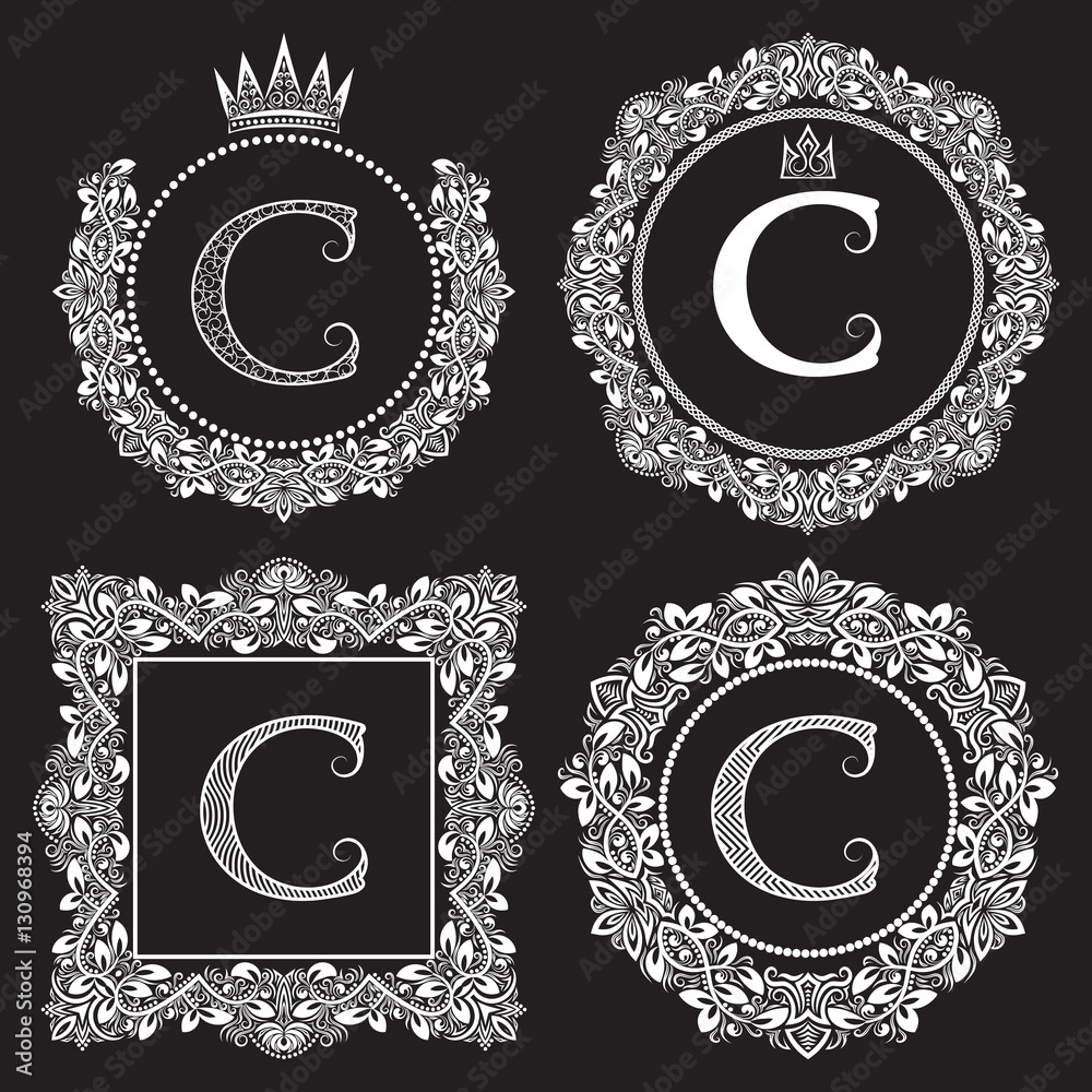 Vintage monograms set of C letter. Heraldic coats of arms in wreaths ...