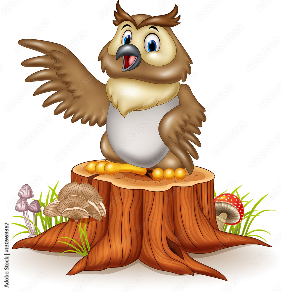 Cartoon owl waving his wings standing on the tree stump Stock Vector ...
