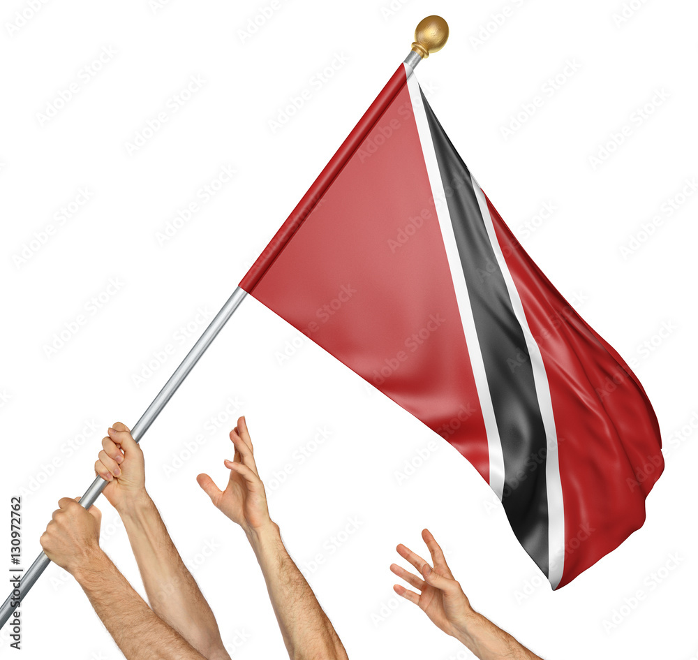 Team of peoples hands raising the Trinidad and Tobago national flag, 3D rendering isolated on ...