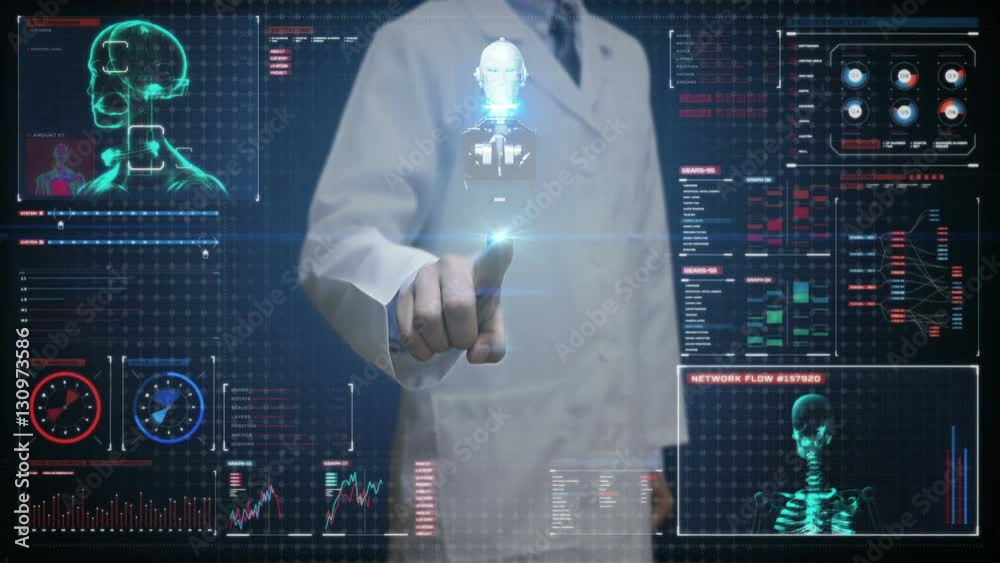 Doctor touching digital screen, Scanning human skeletal structure and ...