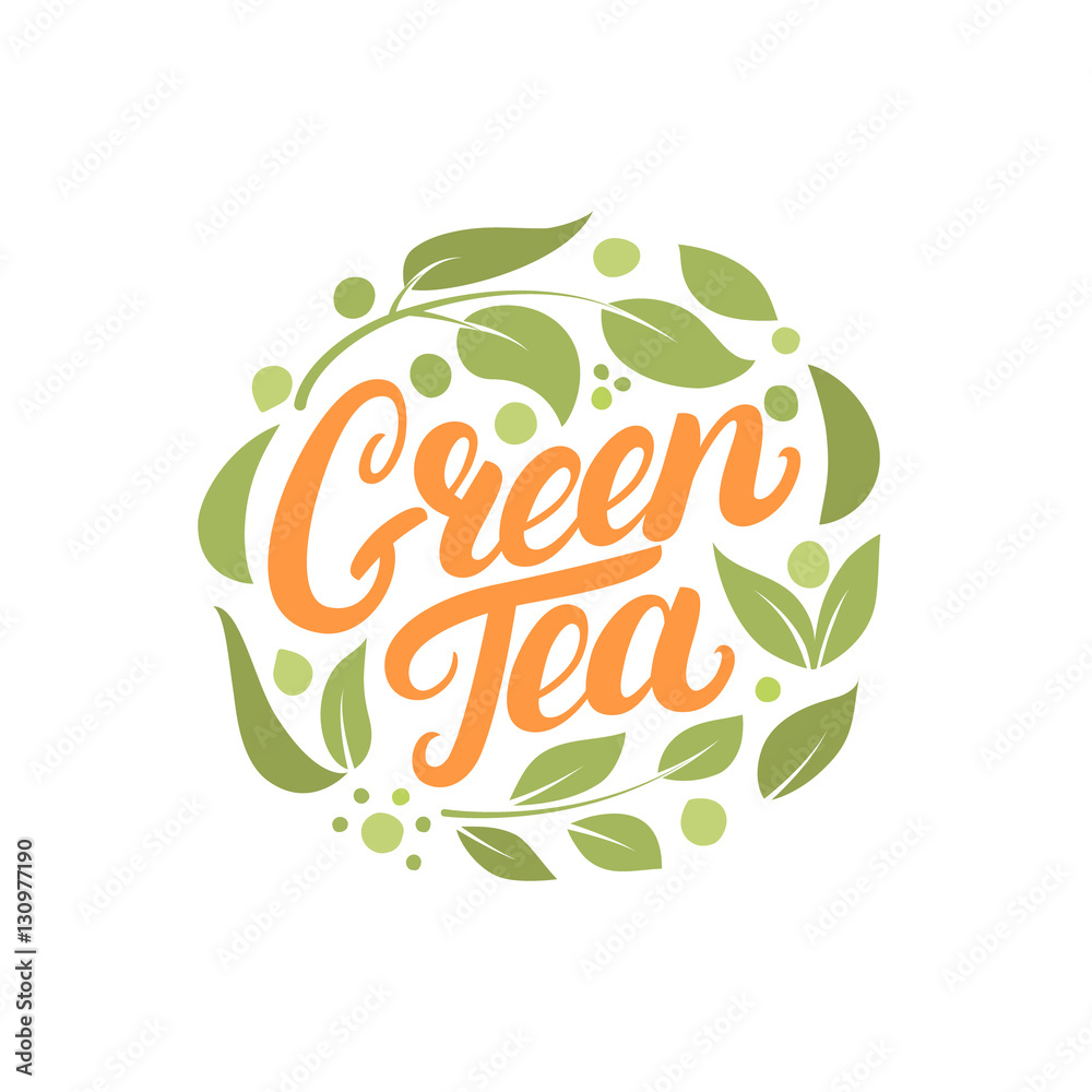 Green Tea hand written lettering logo, label, badge, emblem with leaves ...