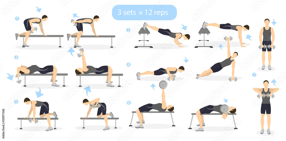 Gym workout set on white background. Man showing exercises. Cardio and ...