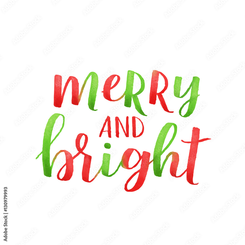 Watercolor vector lettering Merry and bright in red and green colors ...