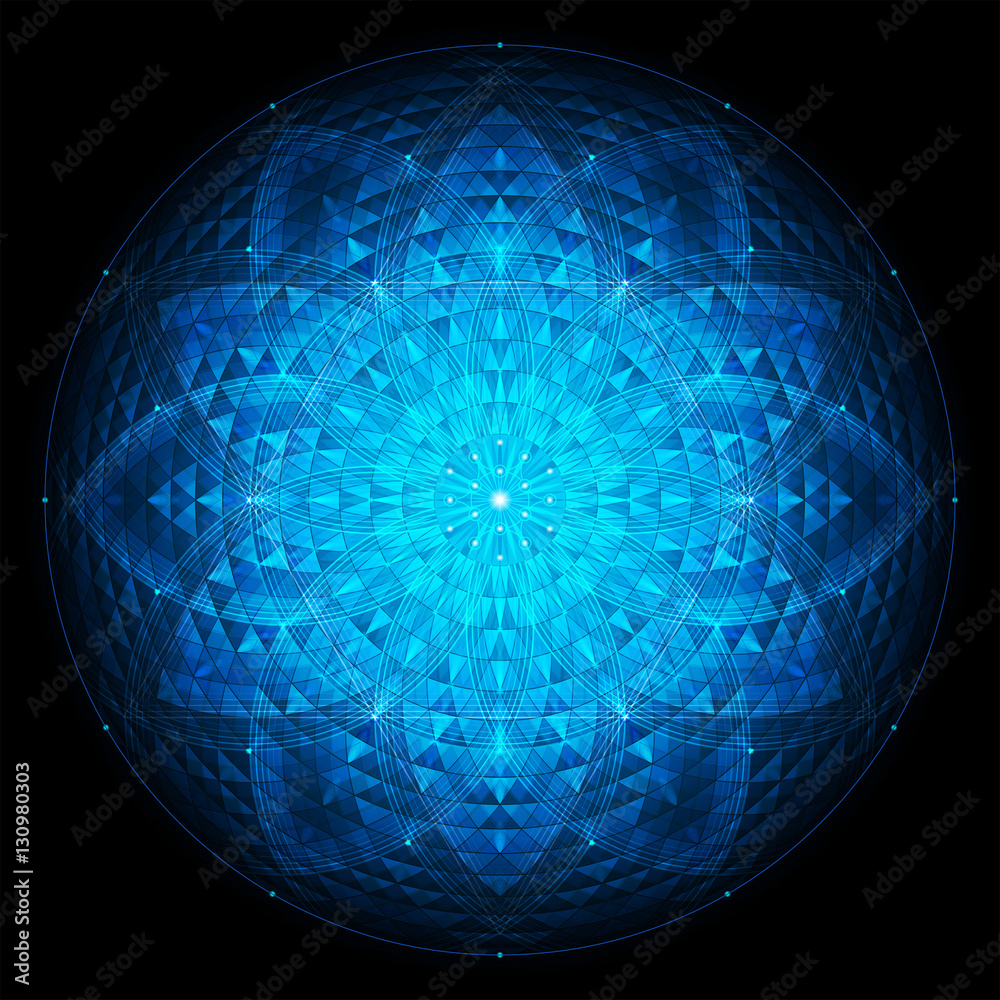 complex deep blue geometric mandala on black background, sacred ...