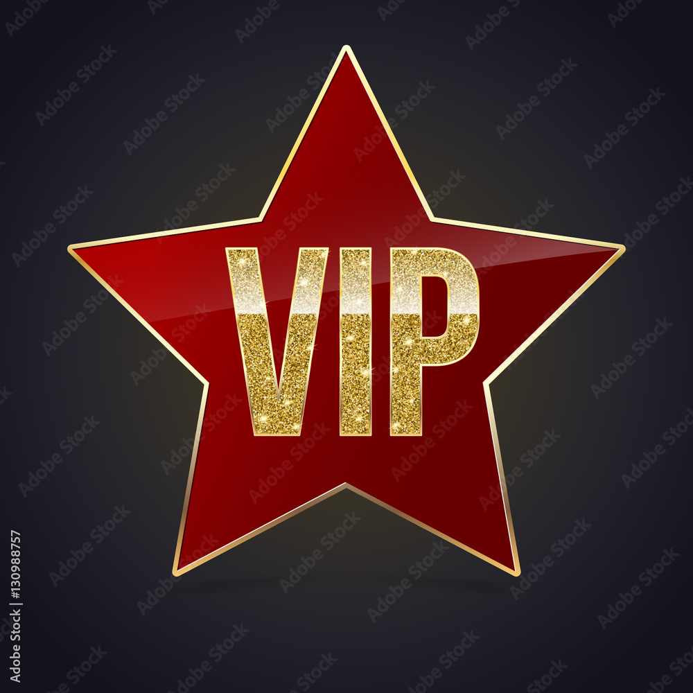 Red five-pointed star with Golden edging and the inscription VIP. Sign ...