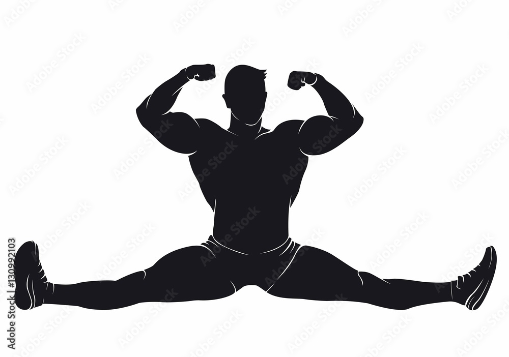 Bodybuilder sitting in the splits. Vector silhouette on white ...