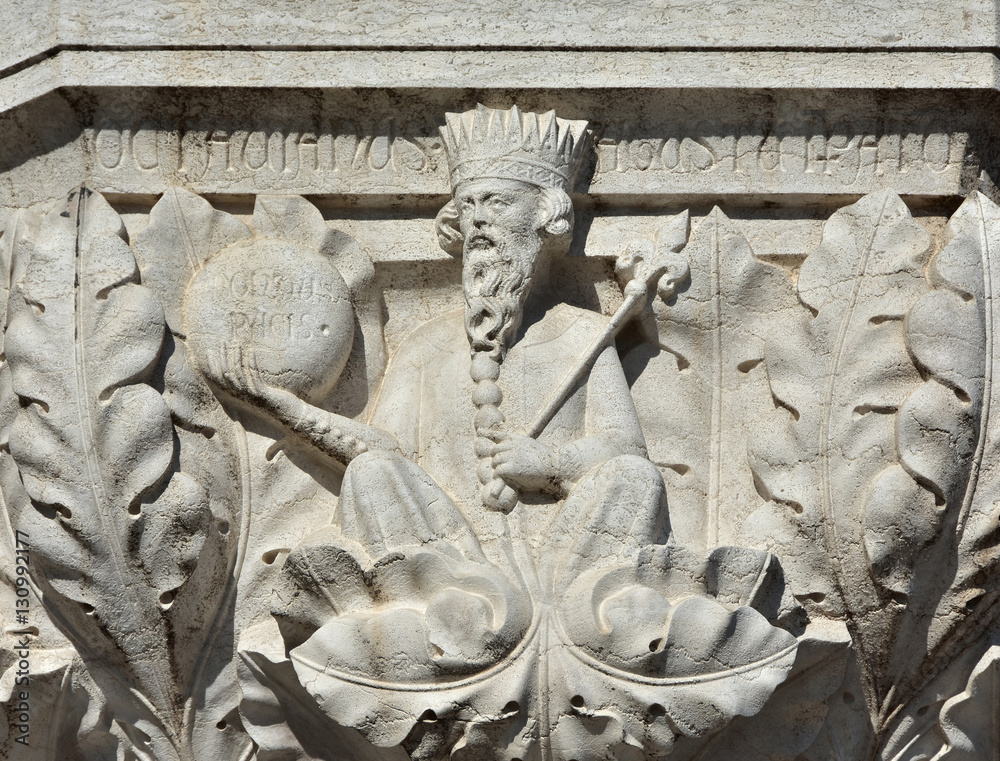 Emperor or medieval King with globe and scepter, symbol of power Stock ...