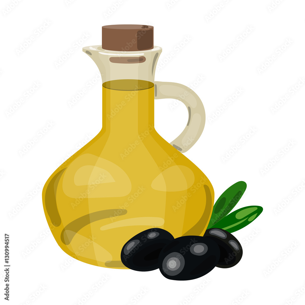 Olive oil bottle with cartoon olives icon in cartoon style isolated on ...