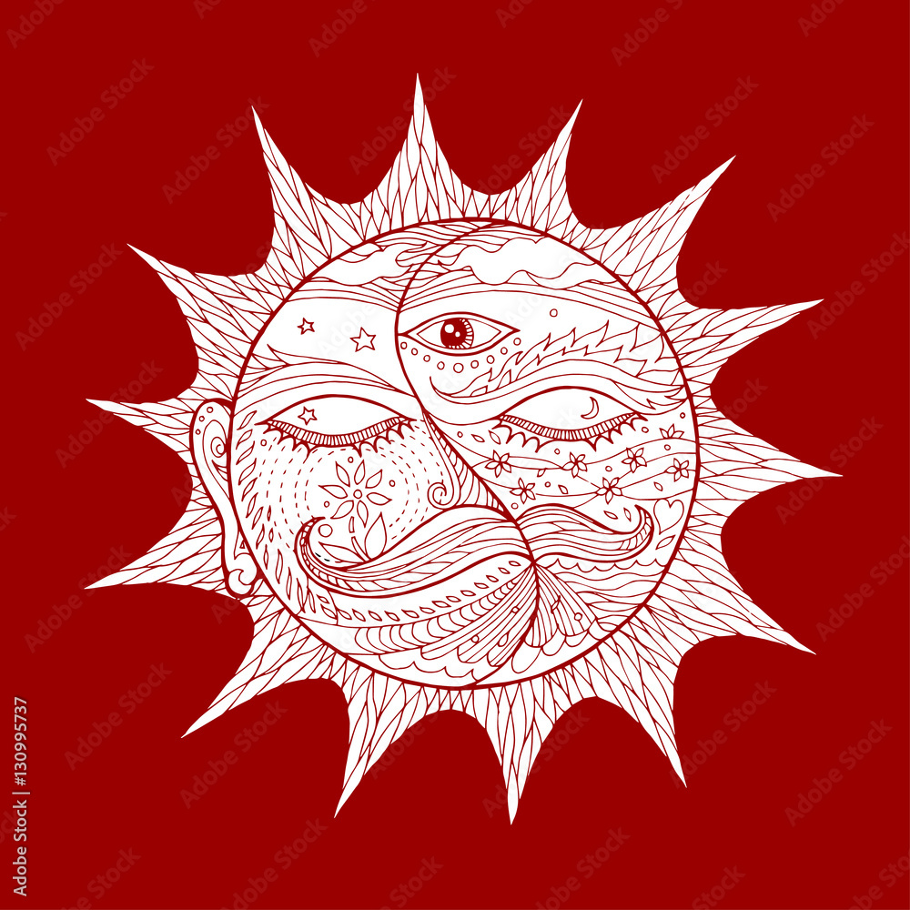 abstract sun face, sunny icon sign symbol, zentangle art hand drawn ...