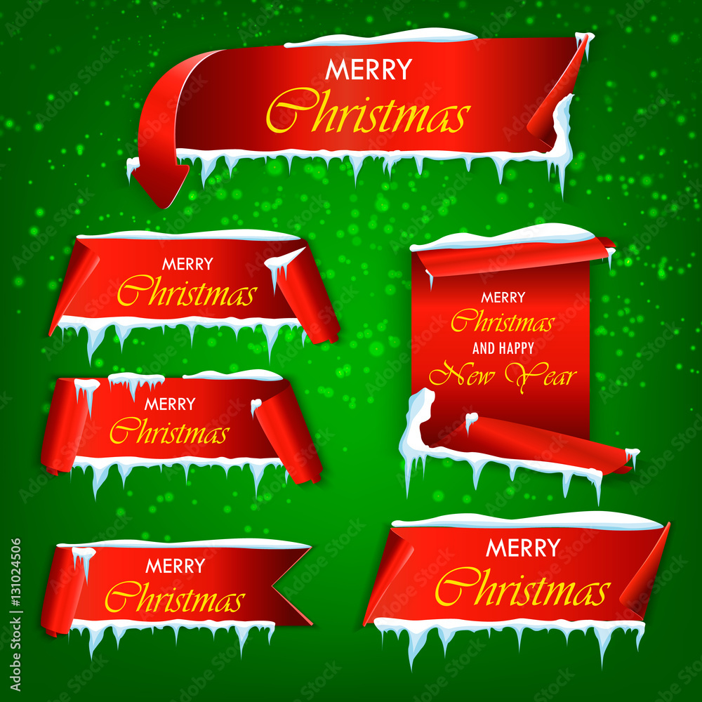 Set of red Christmas banners. Ribbons and round sticker. Paper scrolls ...