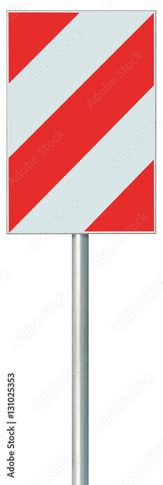 Obstacle detour barrier road sign on pole post, red, white diagonal ...