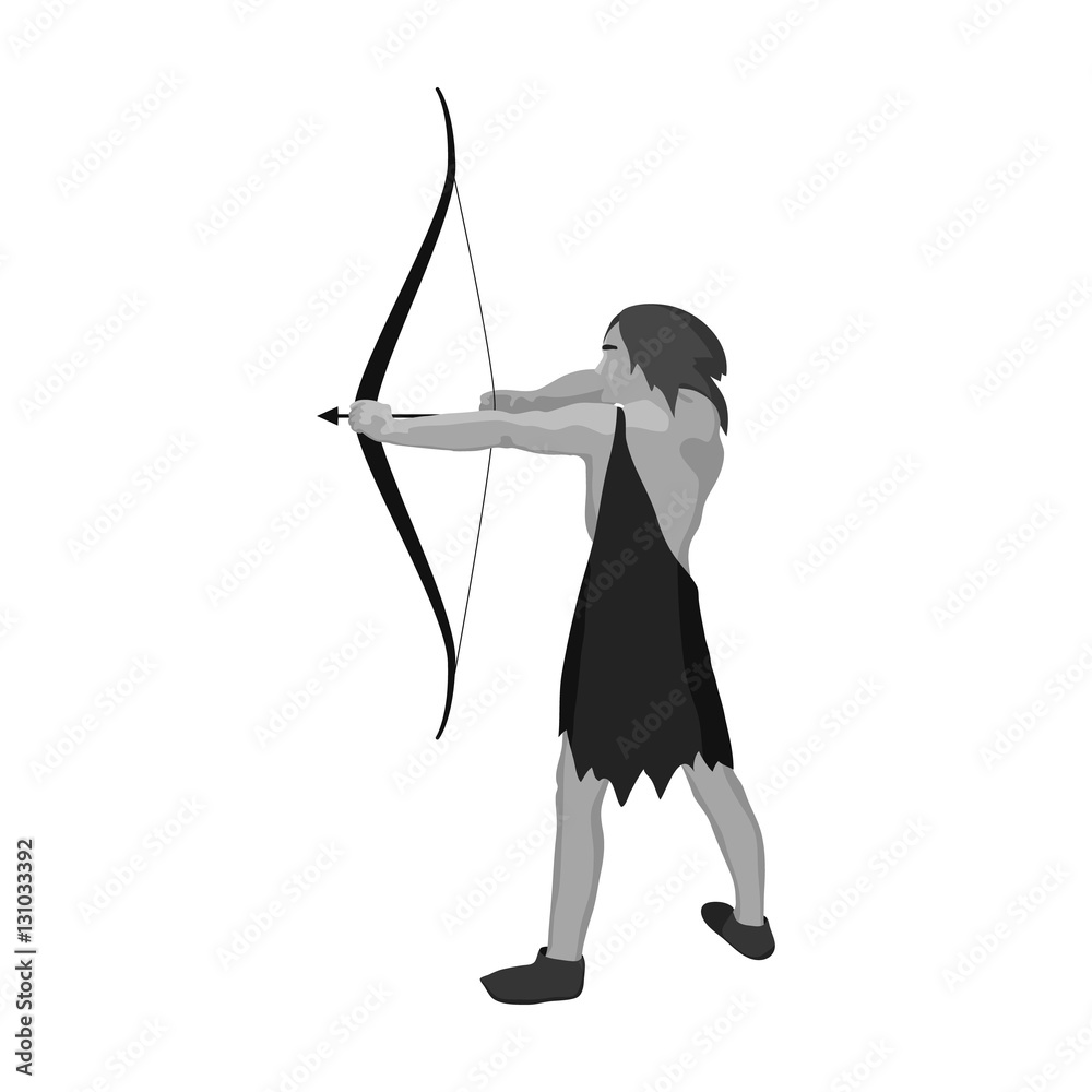Caveman with bow and arrow icon in monochrome style isolated on white ...