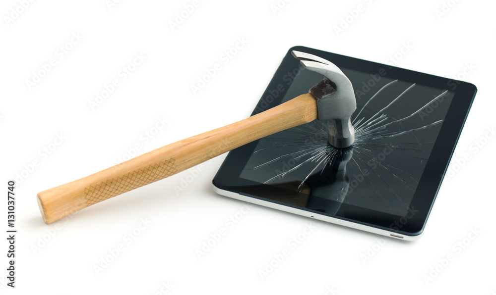 Tablet screen broken with a hammer. Stock-Foto | Adobe Stock