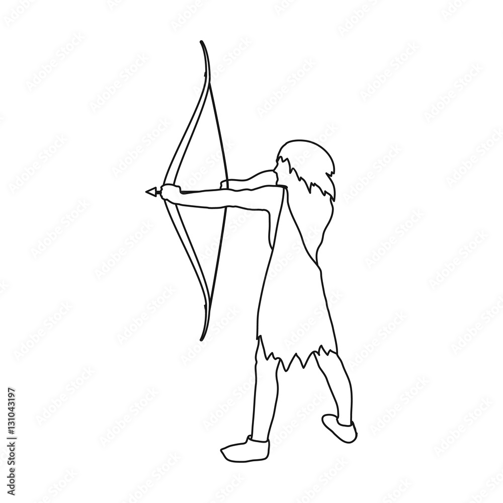 Caveman with bow and arrow icon in outline style isolated on white ...