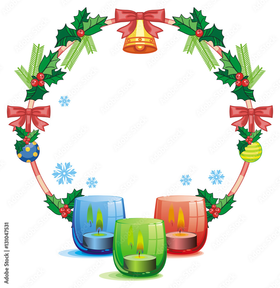 Round frame in shape of Christmas garland and lighted candle Stock ...