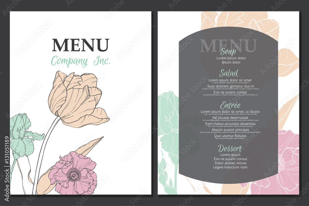 Vector menu template design with vintage floral elements tulip, poppy ...