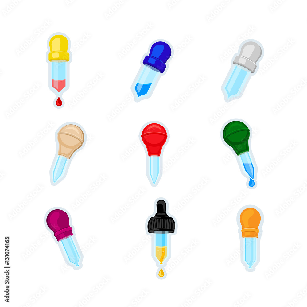 Pipette Icon. Set of different colors pipettes with blood, water or oil ...