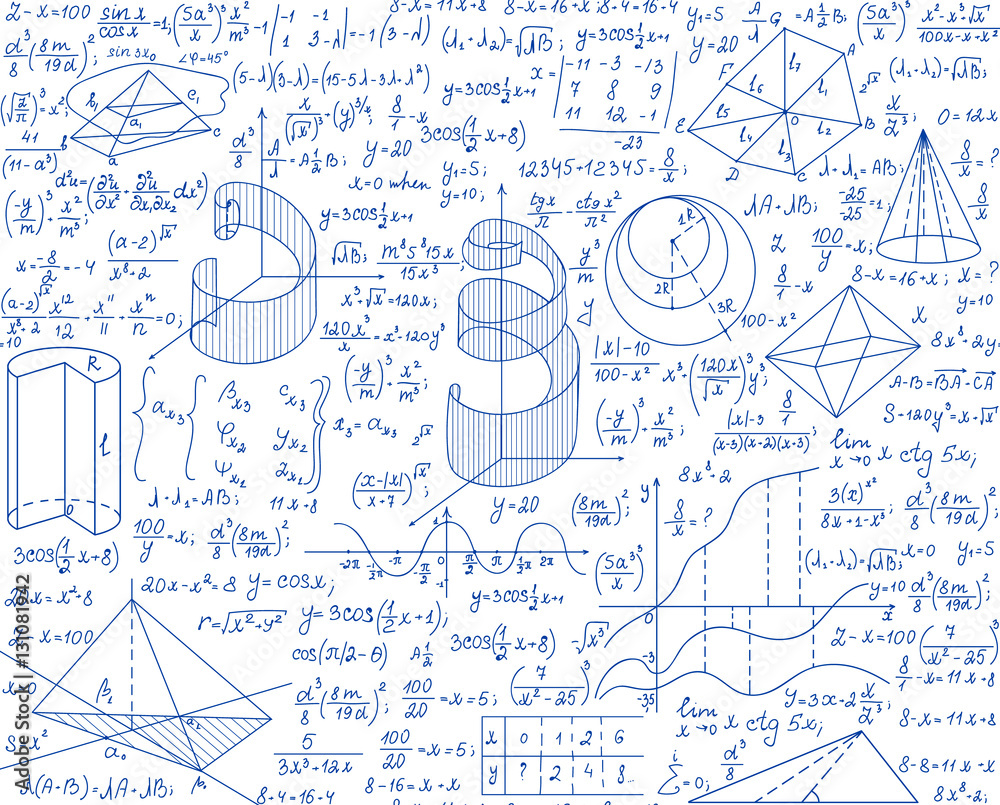 Math vector seamless pattern with geometrical plots, formulas and calculations, handwritten with ...