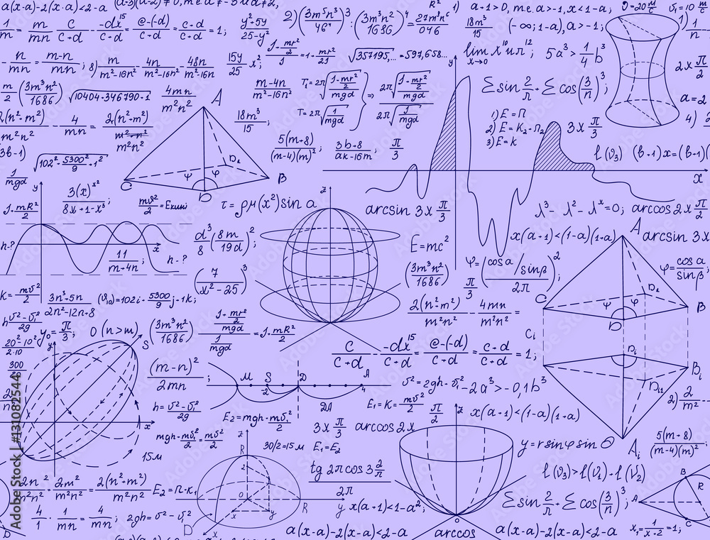 Math scientific vector seamless pattern with formulas, plots and ...