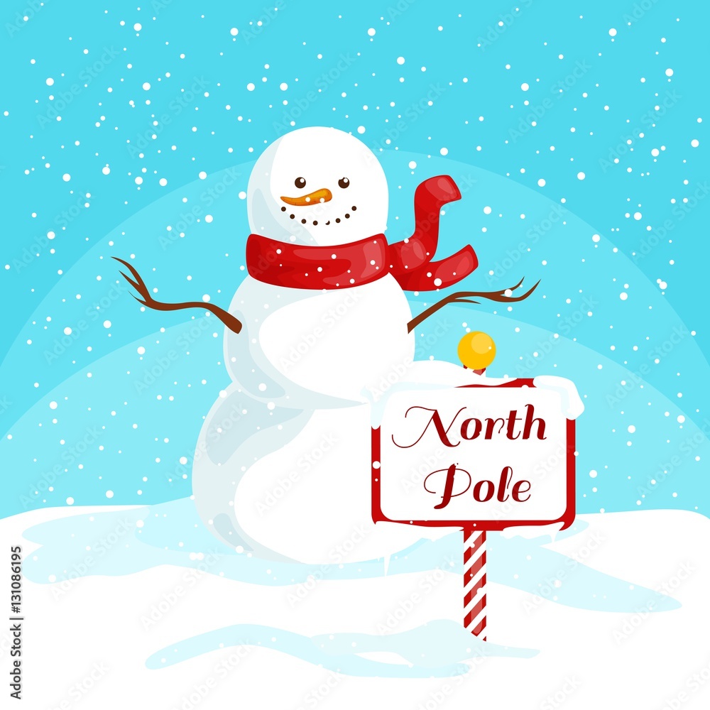 Vector Christmas illustration white snowman with a North Pole sign ...