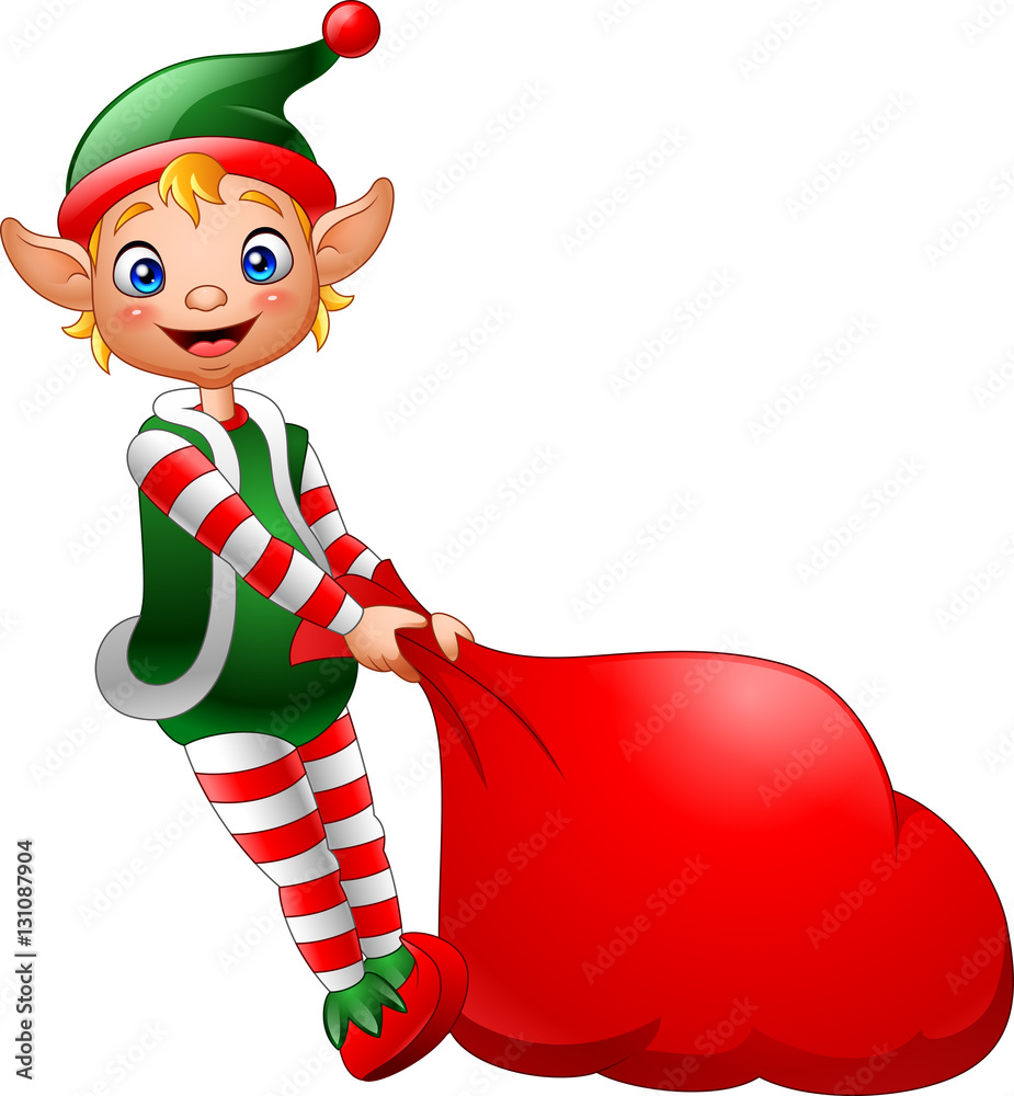 Cartoon elf pulling a bag full of gifts Stock Vector | Adobe Stock