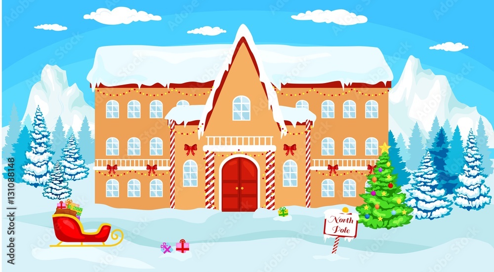 Vector Christmas illustration house Santa at the North Pole. Greeting ...