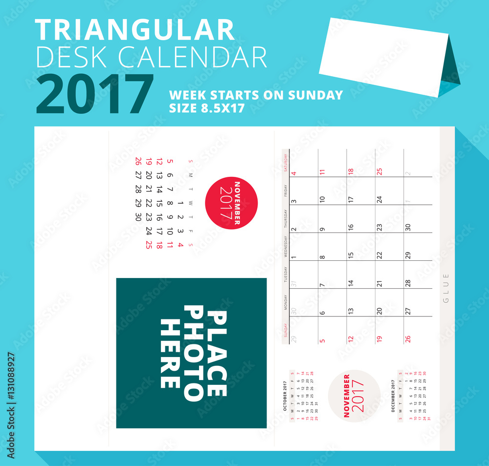 Triangular desk calendar planner for 2017 year. November 2017. Week ...