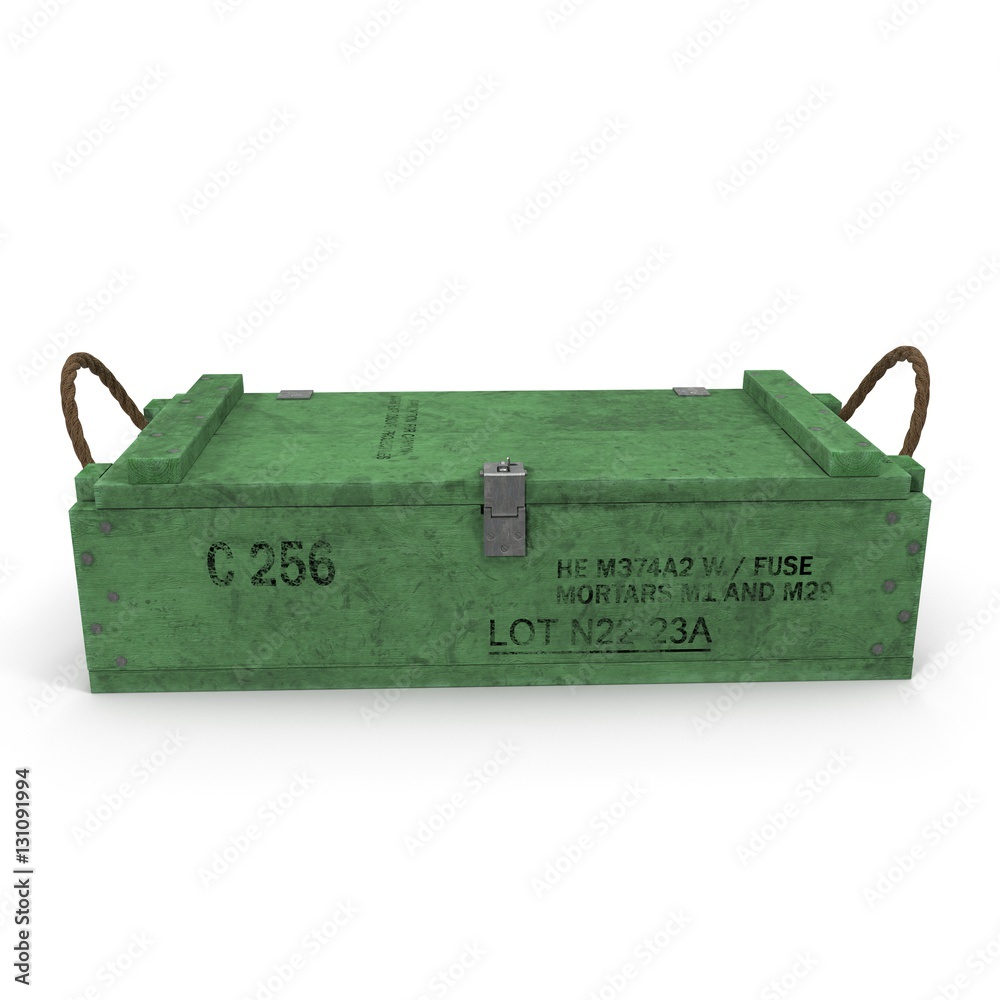 Side view Military green box with explosive isolated on white. 3D ...