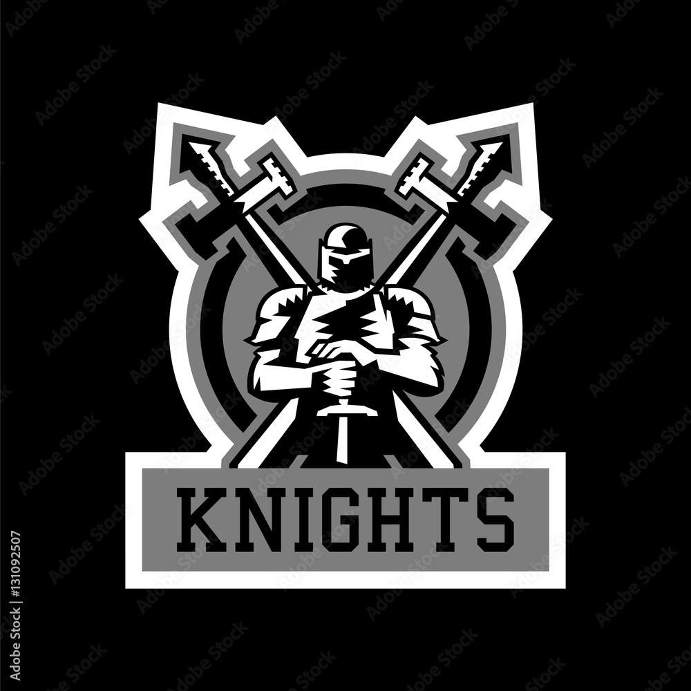 Knight logo. Warrior in the iron and heavy armor. Swords cross. Black ...