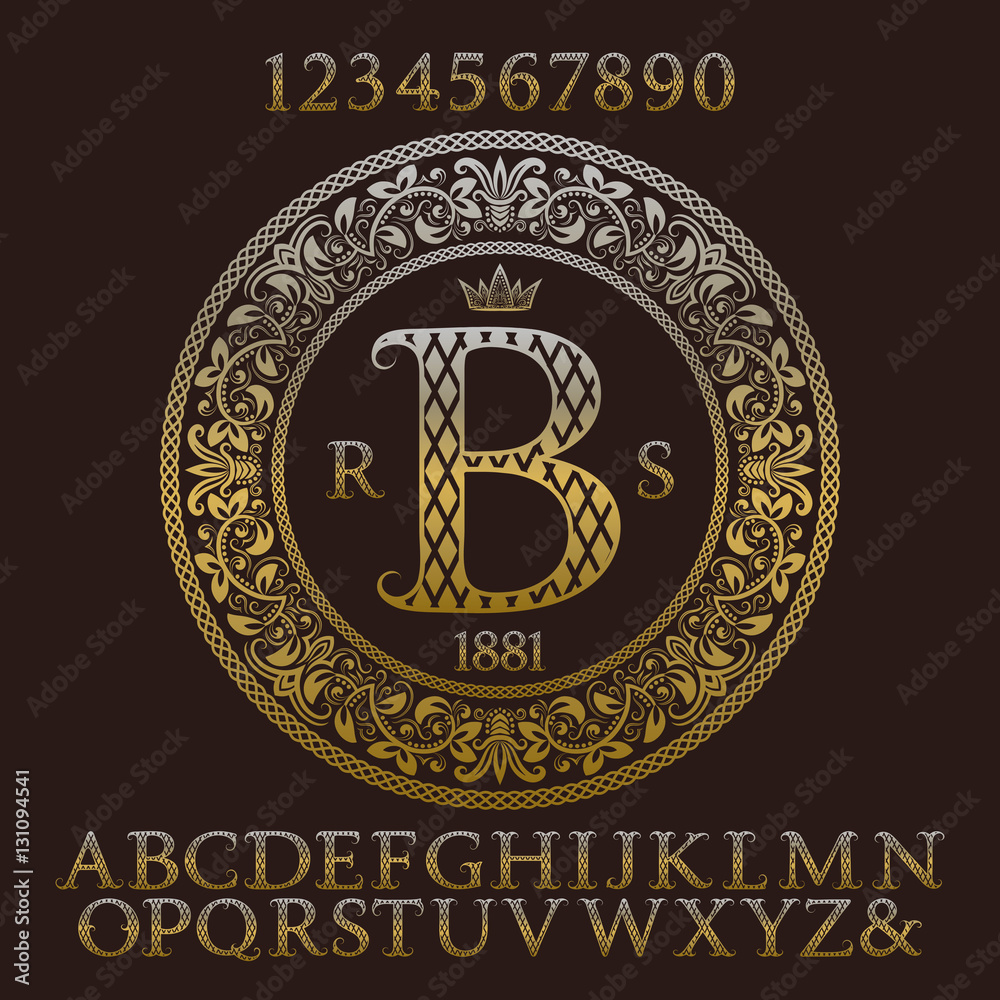 Patterned gold letters and numbers with initial monogram. Elegant ...