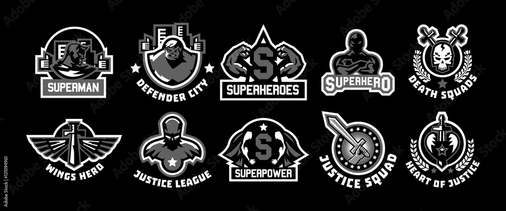 Set of superhero logos. A collection of images of superman. The suit ...