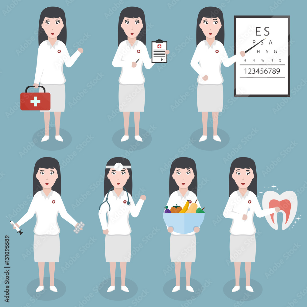 Collection of vector cartoon doctor woman character in various ...