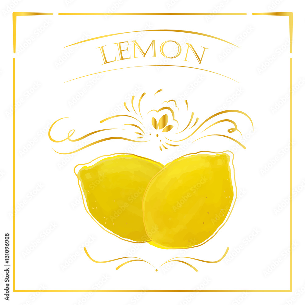 Vector card with lemon in vintage style. Stylized drawing with golden ...
