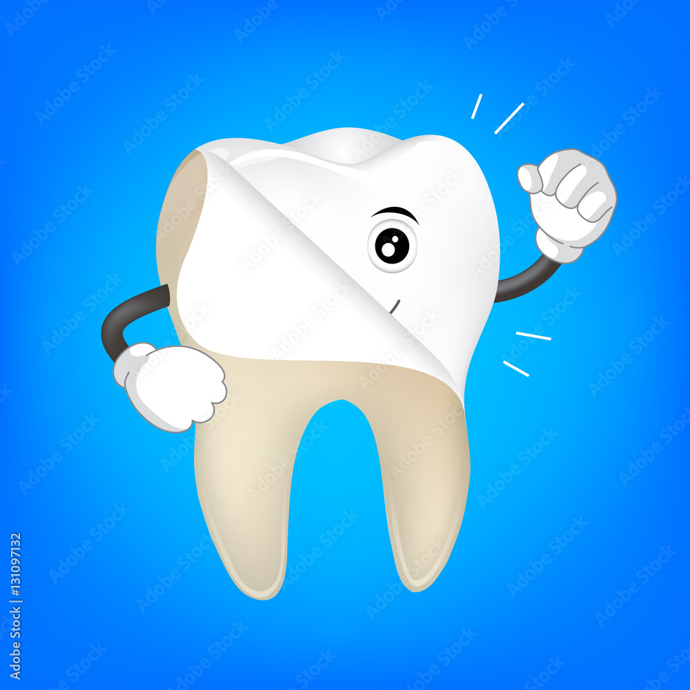 tooth whitening symbol. Cute cartoon tooth mascot, illustration. Dental ...
